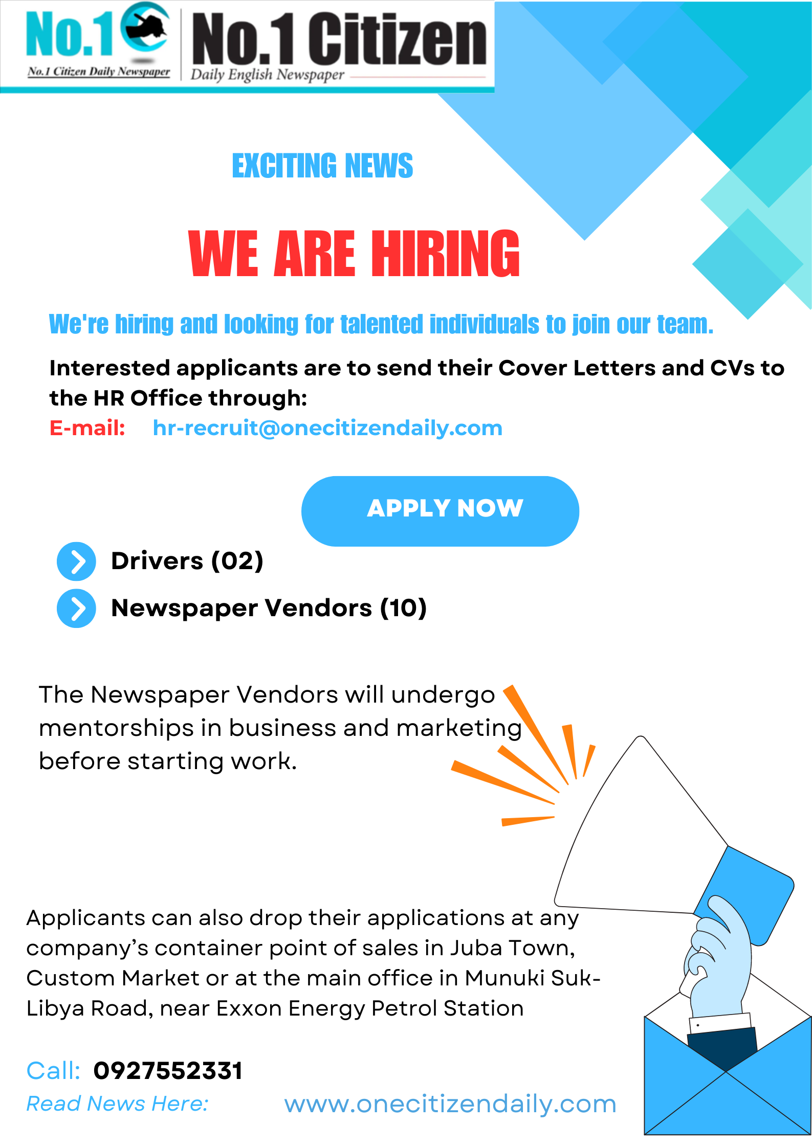 Job Opportunity – One Citizen Daily Newspaper